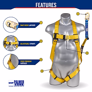 Palmer Safety Fall Protection Safety Harness w/Detachable 6' Single Leg Lanyard I EXTERNAL Shock Absorber Lanyard I OSHA/ANSI Fall Arrest Kit I Ideal for Industrial & Construction Use (Yellow - 1pk)