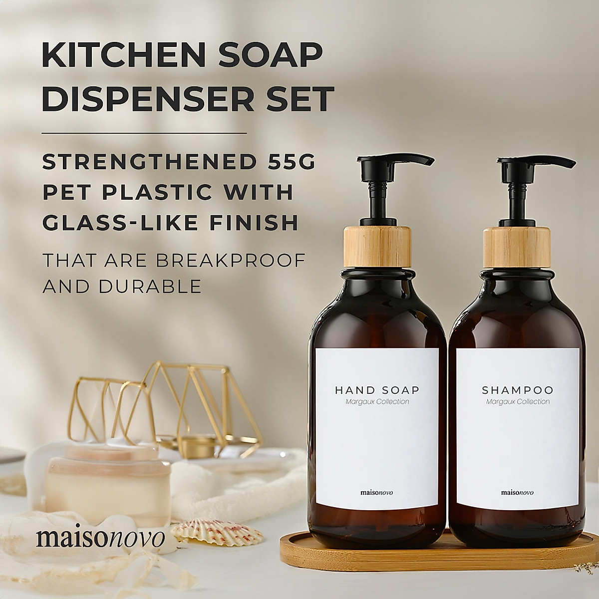 MaisoNovo Soap Dispenser 3-Piece Set | 16.9oz Amber Bottles with Black Bamboo Pumps