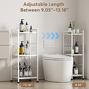 Himix 3-Tier Narrow Shelf, Expandable Metal Narrow Shelving Unit, Free-Standing Storage Rack Corner Shelf for Bathroom, Kitchen, Bedroom, Office, Laundry Organization (White)