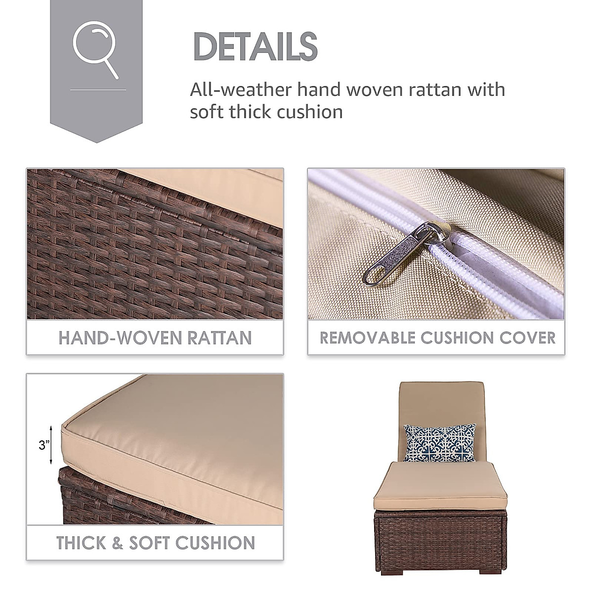 JOIVI Outdoor Chaise Lounge Chair, All-Weather PE Wicker Patio Chairs Pool Lounge Chairs for Outside, Brown Rattan Reclining Outdoor Chair with Adjustable Backrest & Removable Beige Cushion