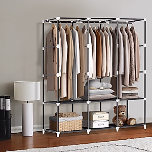 LOKEME Portable Closet, Portable Closets for Hanging Clothes with 3 Hanging Rods and 6 Storage Shelves and 4 Side Pockets, Black Wardrobe Closet Easy to Assemble and Strong and Stable