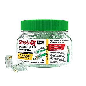 Simply45 Unshielded Pass-Through RJ45 Modular Plugs for 23AWG Solid (Cat6 UTP), 26-24AWG Stranded (Cat5e/6 UTP Stranded) - Green Tint, 100 Piece Jar - S45-1600