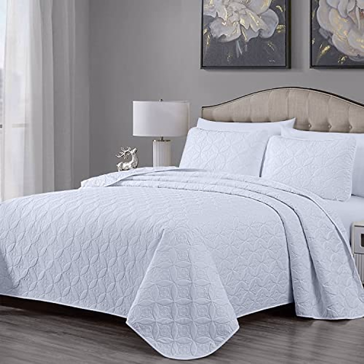 Chezmoi Collection Florenz 3-Piece King Size Quilt Set White - Soft Summer Lightweight Oversized King Bedspread 118 x 106, Medallion Pattern Coverlet for All Season