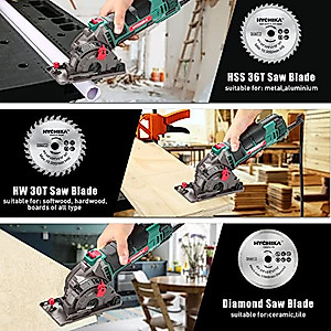 Mini Circular Saw, HYCHIKA Compact Circular Saw Tile Saw with 3 Saw Blades 4A Pure Copper Motor, 3-3/8”4500RPM Ideal for Wood, Soft Metal, Tile and Plastic Cuts, Laser Guide, Scale Ruler