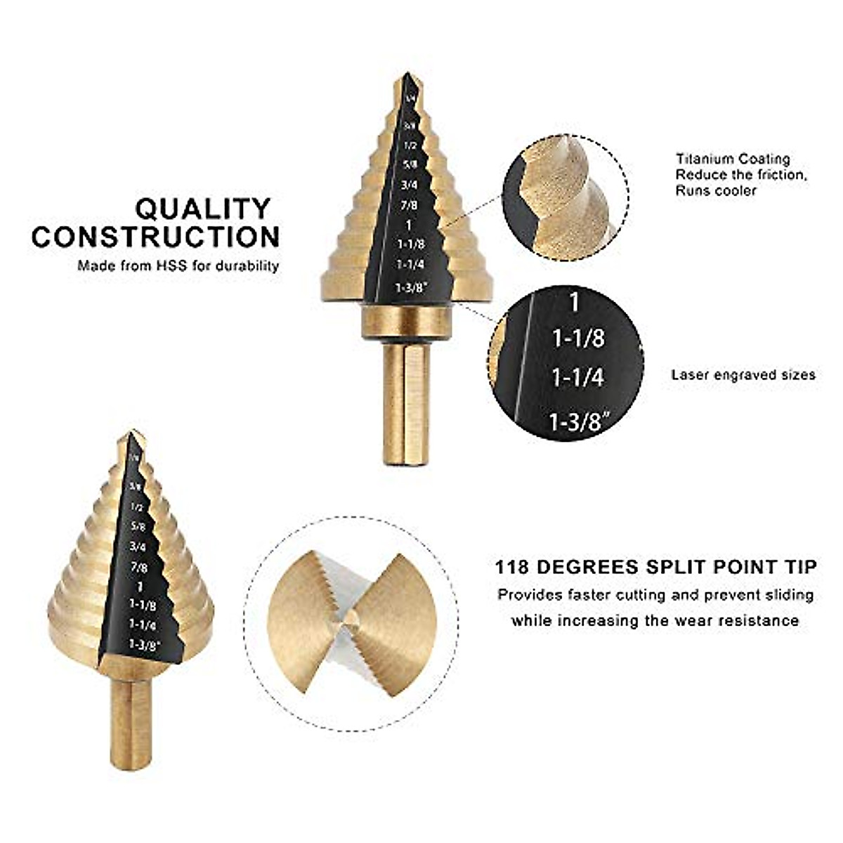 Lockwish 5Pcs Hss Step Drill Bit & Automatic Center Punch,High Speed Steel Drill Bit Set(Black)