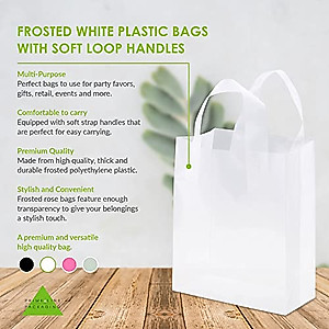 Prime Line Packaging - 8x4x10 Inch 100 Pack Plastic Bags with Handles, Small Gift Bags, Shopping Bags for Small Business, Clear Frosted White in Bulk for Boutiques, Retail Stores, Gifts & Merchandise