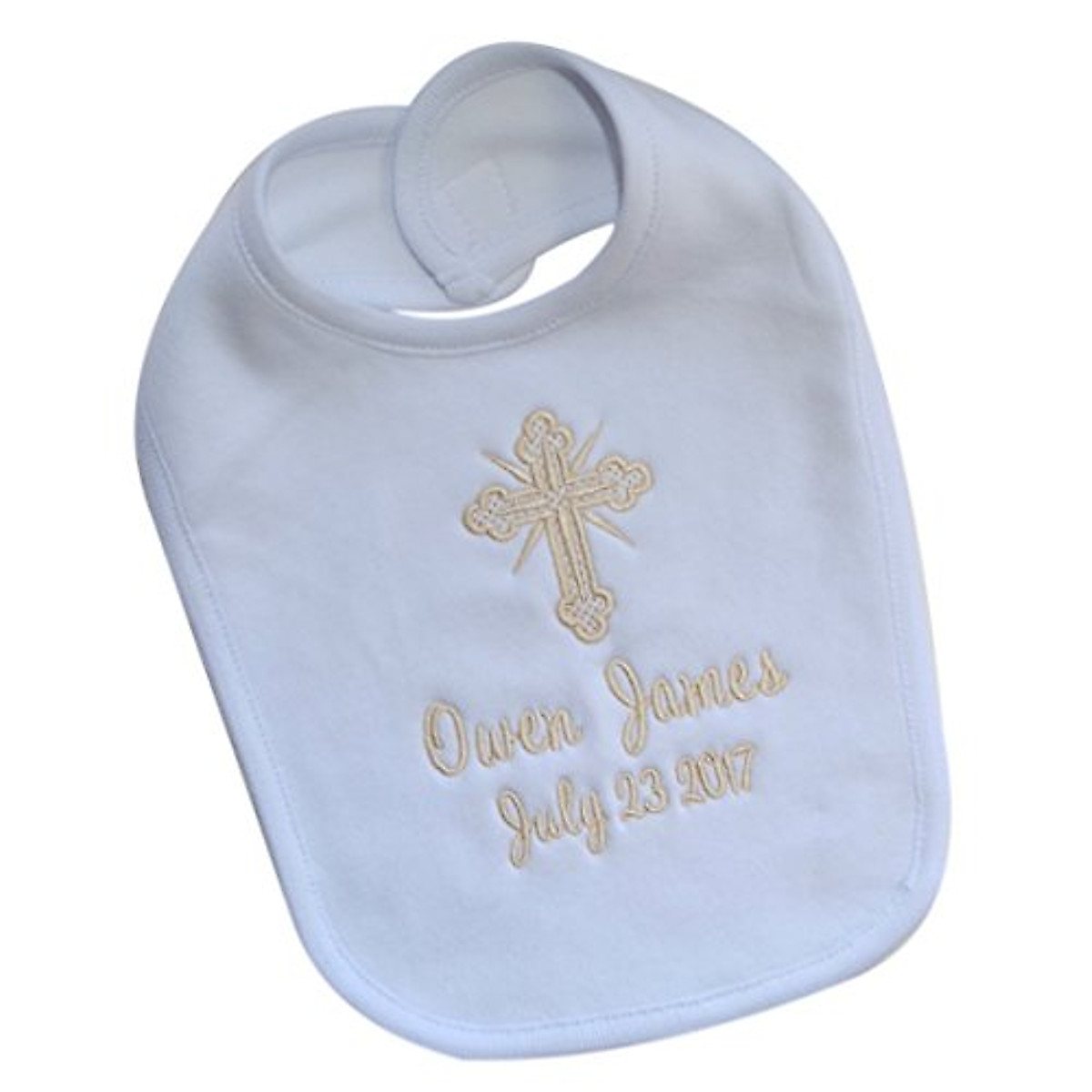Funny Girl Designs Christening Bib Keepsake Gift Personalized and Embroidered Cross Name and Baptism Date in IVORY THREAD