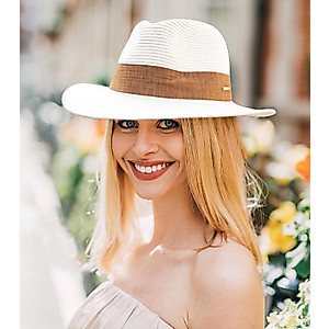 Cmprvgd Women Panama Sun Straw Hat Fedora Travel Wide Brim Packable Summer Beach Hats UPF 50+ White