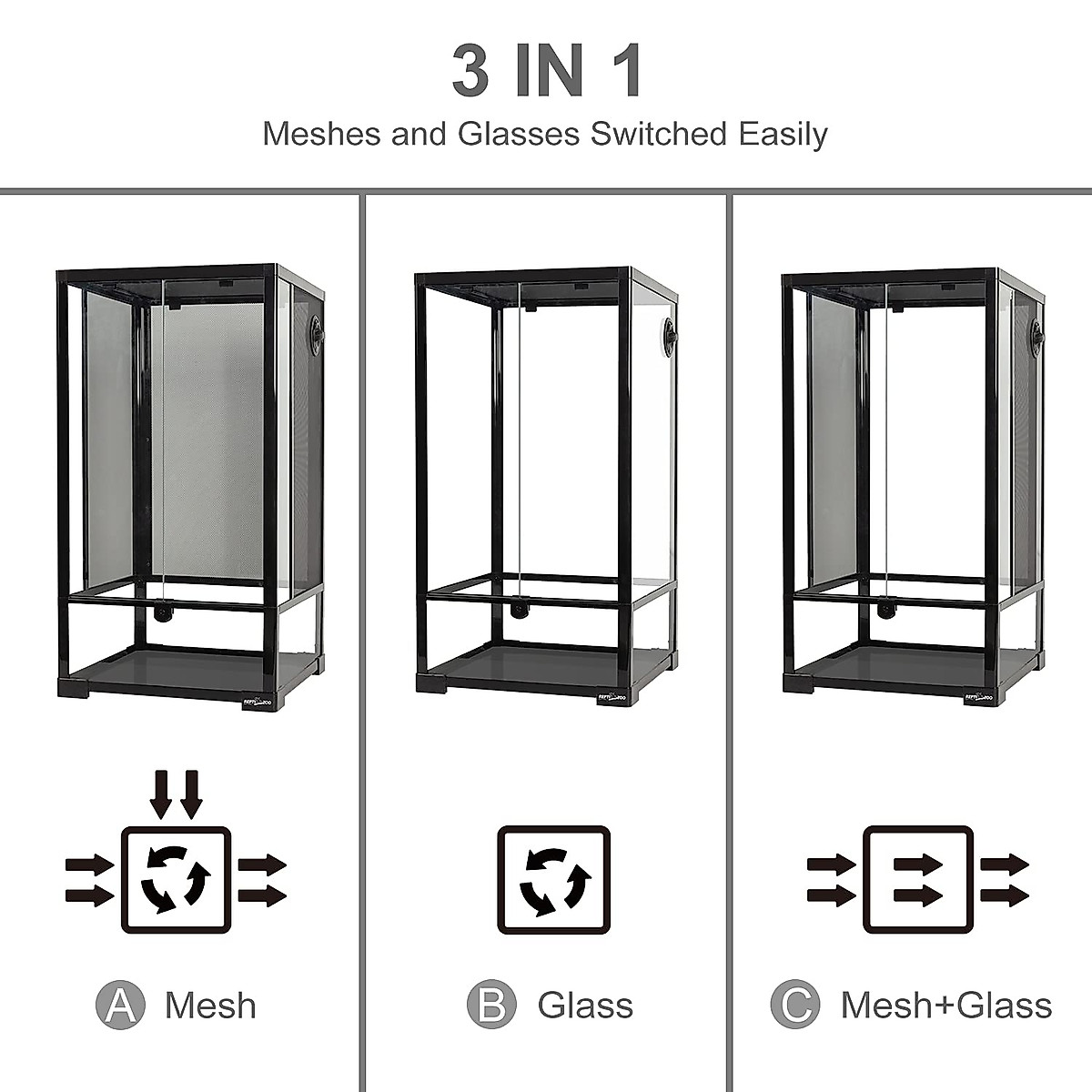 REPTI ZOO 3 in 1 Reptile Tall Terrarium, 16"x16"x30" Rainforest Habitat Double Hinge Door with Screen Ventilation Reptile Terrarium