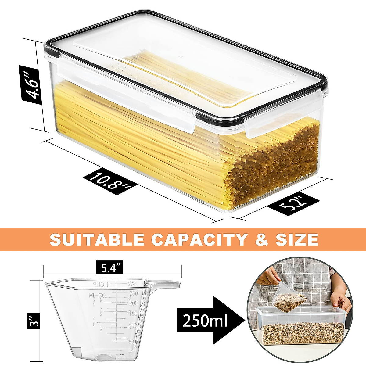 [6 Pack] 3.2L Airtight Pasta, Spaghetti Storage Containers Set with 6 Measuring Cups, BPA Free Plastic Food Containers with Lids for Kitchen, Pantry Organization and Storage