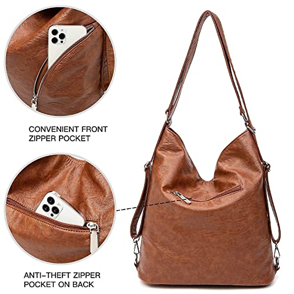 HARRELSA Large Convertible Bag Soft Leather Backpack Convert Strap Shoulder Bag for Women Big Hobo Handbag (Brown)