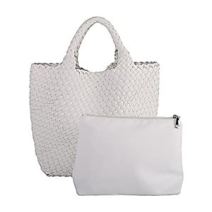 Woven Tote Handbags + Purse For Women Large Vegan Leather Shoulder Top-Handle Travel Bag Ladies Fashion Underarm Shopper Bags White