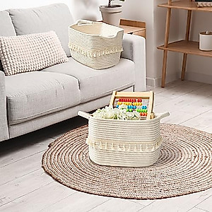 TeoKJ White Cotton Ropen Baskets for Storage, Set of 3 Woven Clothes Basket for Organizing and Storage, Blanket Basket for Living Room Laundry Bathroom Shelves