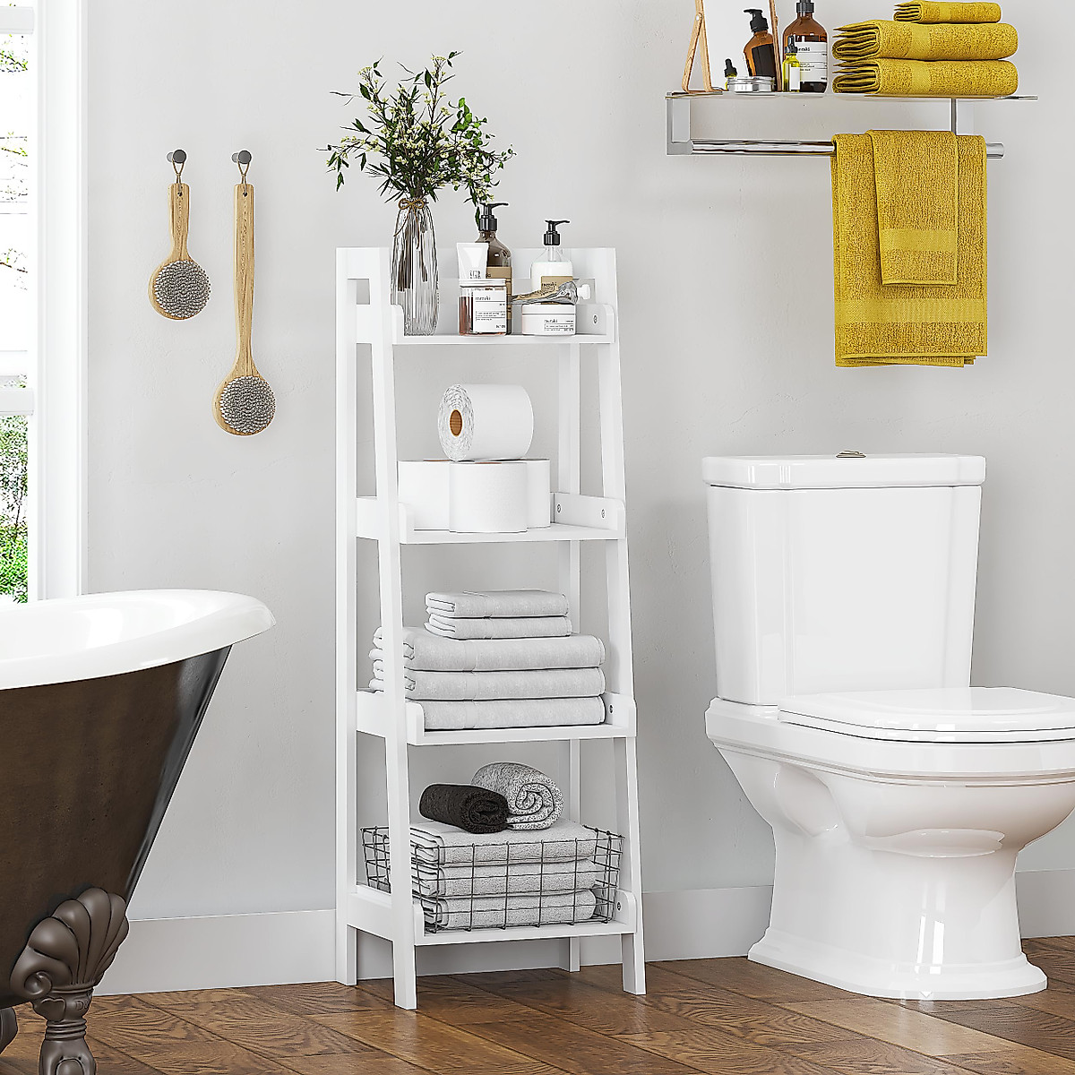 UTEX 4-Tier Ladder Shelf, Bathroom Shelf Freestanding, 4-Shelf Spacesaver Open Wood Shelving Unit, Ladder Shelf (White)