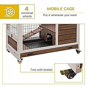 PawHut Wooden Indoor Rabbit Hutch Elevated Cage Habitat with No Leak Tray Enclosed Run with Wheels, Ideal for Rabbits and Guinea Pigs, Brown