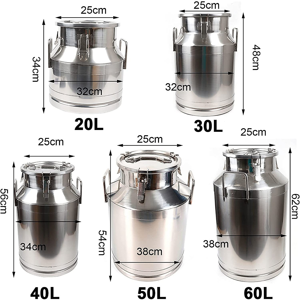 20-60L Stainless Steel Milk Can Wine Milk Bucket Wine Pail Bucket Milk Can Tote Jug with Sealed Lid Heavy Duty, with Independent Embedded Silicone Sealed Lid (40L)
