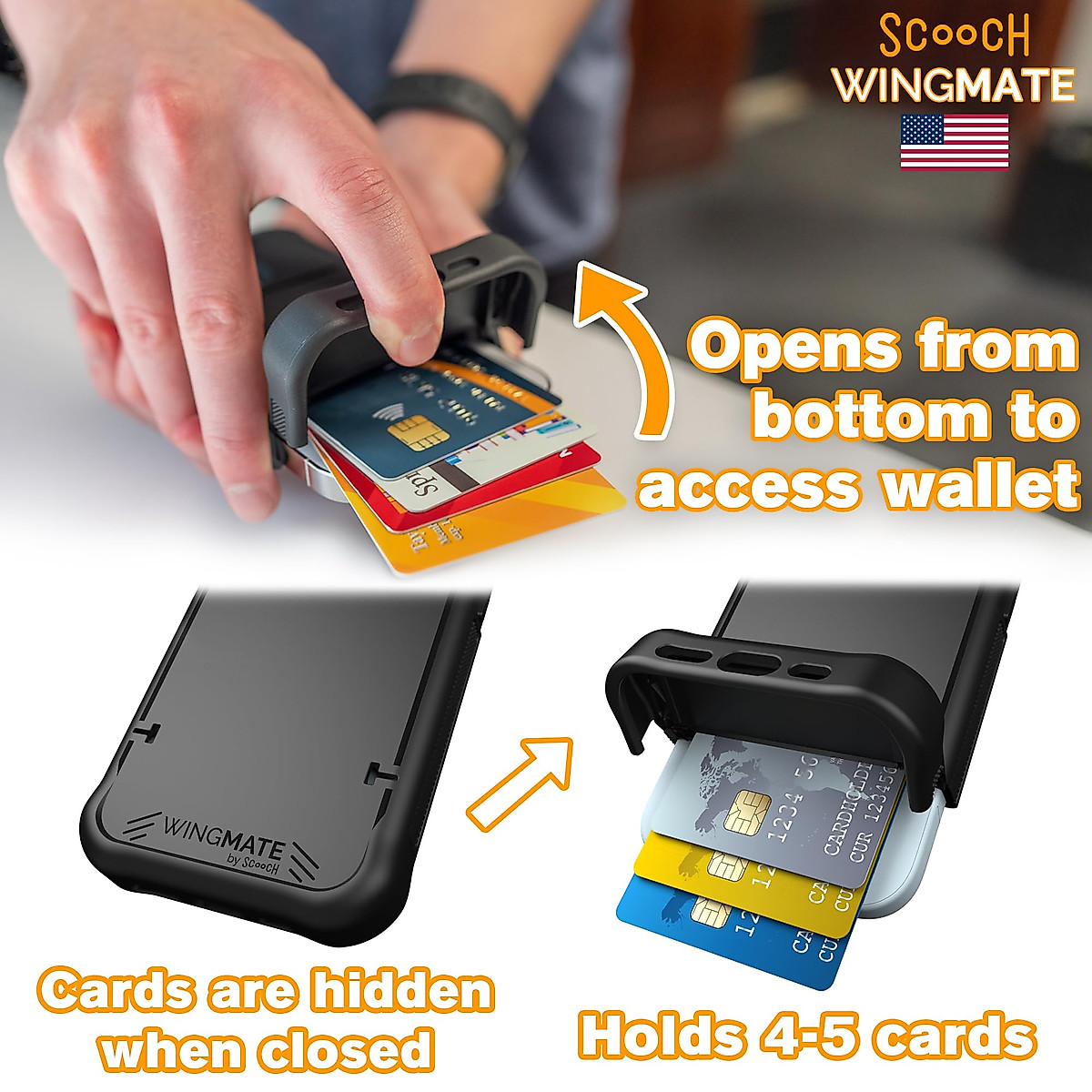 Scooch iPhone 15 Pro Max Case with Card Holder, Wingmate for iPhone 15 Pro Max Wallet Case with Hidden Card Slot and RFID Protection, Holds up to 4 Cards, Military Drop Protection, Black