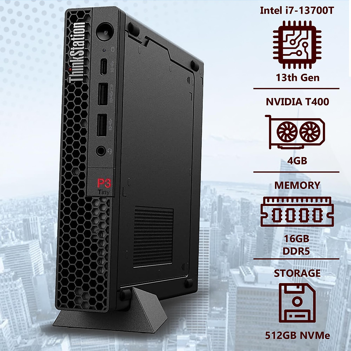 Lenovo ThinkStation P3 Tiny Intel i7-14700T, 16GB DDR5, 512GB NVMe, T400 4GB Graphics, WiFi 6 + BT, RJ-45, 3X miniDP, DP Port, HDMI (5 Monitor Max), Win 11 Pro, 3YR, Business Desktop