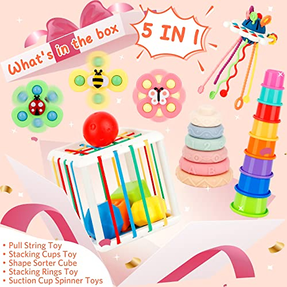 5 in 1 Montessori Toys for Babies 0-3-6-12-18 Months and Up: Infant Gifts Play Set Kids Sensory Learning Activity for Age 1 Year Old Boy Girl 4 7 8 9 Birthday Box Travel Bath Stacking Essentials Stuff