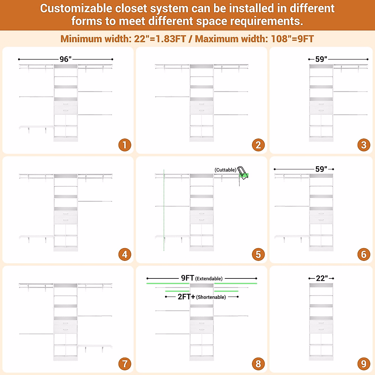Besiost Closet System - 4.75-8FT Closet Organizer System with Wooden Drawers & Cube Storage Organizer, Up To 96" Closet Systems for Nursery & Walk-In Closets with Cuttable Hanging Shelving, White