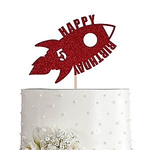 Red Rocket 5th Birthday Cake Topper, Glitter Boy Girl Space 5 Years Birthday Party Decoration