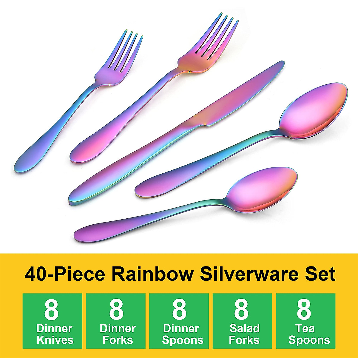LIANYU 40-Piece Rainbow Silverware Set for 8, Stainless Steel Colorful Flatware Cutlery Set, Tableware Eating Utensils Include Forks Knives Spoons, Mirror Polished, Dishwasher Safe