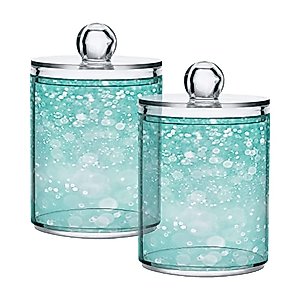 Turquoise Aqua Glitter Qtip Holder Dispenser Teal Cyan Water Bathroom Canister Storage Organization 4 Pack Clear Plastic Apothecary Jars with Lids Vanity Makeup Organizer For Cotton Ball Swab Floss