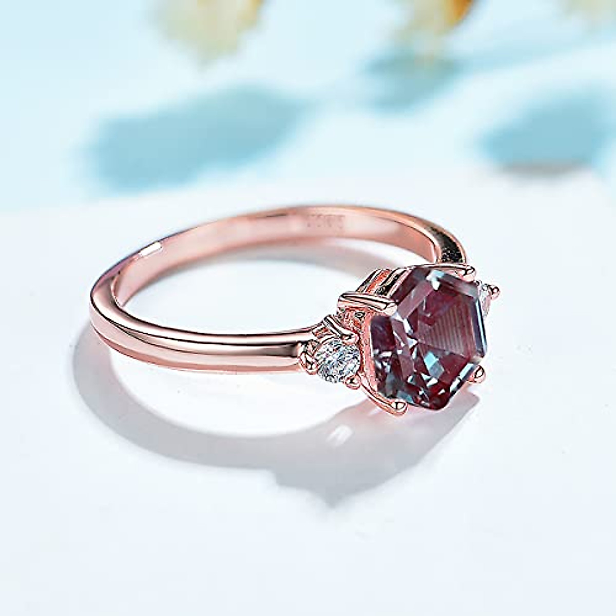 ITI KUOLOLIT Lab Alexandrite Gemstone Genuine 925 Sterling Silver Ring for Women 585 Rose Gold Plated Hexagon Cut Jewelry for Engagement Bride (Rose Gold Plated, 7)