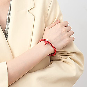 Softones 6mm Bead Cross Pendant Bracelet for Women Healing Stone Stretch Prayer Bracelet for Boy Girls,with Gift Box, Red Turquoise, 7 5 inch