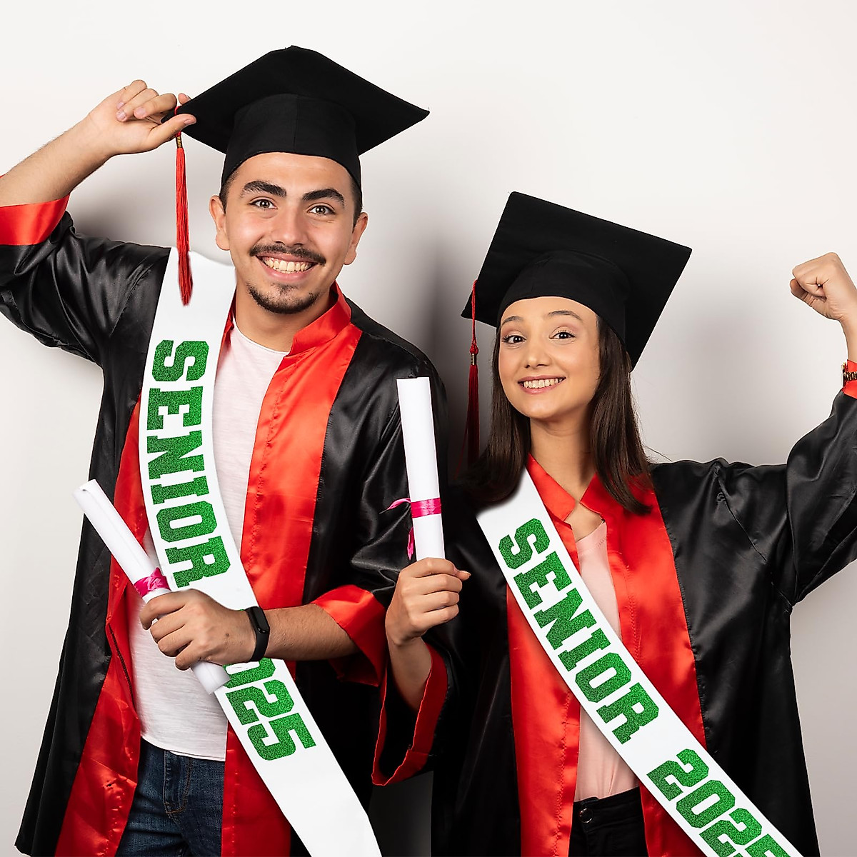 Generic 8 Pcs White Senior 2025 Sashes with Green Glitter Letters - Graduation Celebration sash, Senior Sashes Class of 2025, Senior Cheer Sash, Class Competition Sashes, Graduation Party Supplies