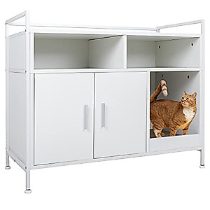 YUSING Litter Box Enclosure, Cat Litter Box Furniture Hidden, Cat Washroom Bench Storage Cabinet Large with Double Doors and Open Shelf for Bedroom, Living Room