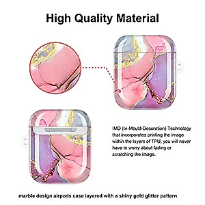 JIAXIUFEN AirPods Case Cover Gold Sparkle Glitter Marble Design Cute Full Protective Silicone TPU Skin Accessories for Women Girl with Keychain for AirPods 2 & 1 Charging Case - Pink Purple