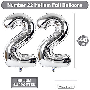 Huge Silver Balloon Number 22,40 Inch Silver 22nd Mylar Foil Helium Birthday Decoration Balloons，Silver 22 Balloons For Wedding Anniversary Birthday Party Decors,22Year Old Men Women Birthday Balloons