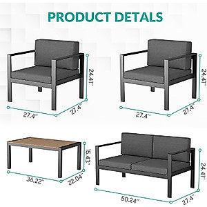 WOAJNQO Aluminum Patio Furniture Set 4 Pcs Outdoor Couch with Coffee Table Patio Conversation Sets Loveseat Patio Sectional Chat Sofa with Cushions for Lawn, Garden,Balcony,Backyard and Deck (Grey)