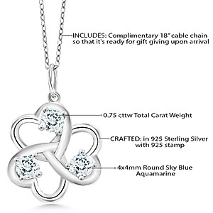 Gem Stone King 925 Sterling Silver 4MM Round Gemstone Birthstone 3 Hearts Interlock Pendant Necklace For Women with 18 Inch Silver Chain