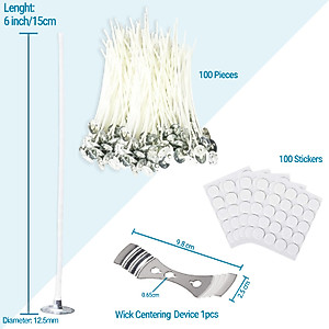 TheAmbrella Candle Wicks 100Pcs- 6inch Long Pre-Waxed Wicks with 100 Wick Stickers & 3-Hole Wick Centering Tool - Low Smoke & Longer Burning Time - Perfect for DIY Candles
