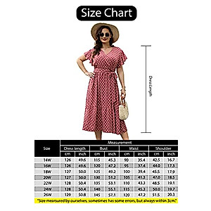 Celkuser Womens Plus Size Summer Short Sleeve V Neck Boho Casual Floral Midi Dress with Pockets CEL134(cel134,16,PinkDot)