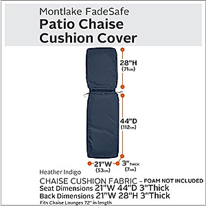 Classic Accessories Montlake FadeSafe Water-Resistant 72 x 21 x 3 Inch Outdoor Chaise Lounge Cushion Slip Cover, Patio Furniture Cushion Cover, Heather Indigo Blue, Patio Furniture Cushion Covers