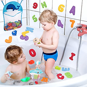 KaeKid Baby Bath Toys, 36 Foam Bath Letters & Numbers, Light up Bathtub Toys, Water Spray & Squeeze Bath Set with Fishing Net & Organizer Bag, Bath Water Toys for Kids Toddlers Gifts 18 Months
