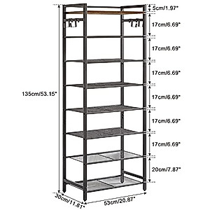 IBUYKE 8 Tier Shoe Rack, Hold 14-21 Pairs of Shoes, Narrow Shoe Shelf Organizer with 4 Hooks, Space Saver, Shoe Organizer for Entryway, Hallway, Bedroom, Living Room, Rustics Brown, TXJ081H