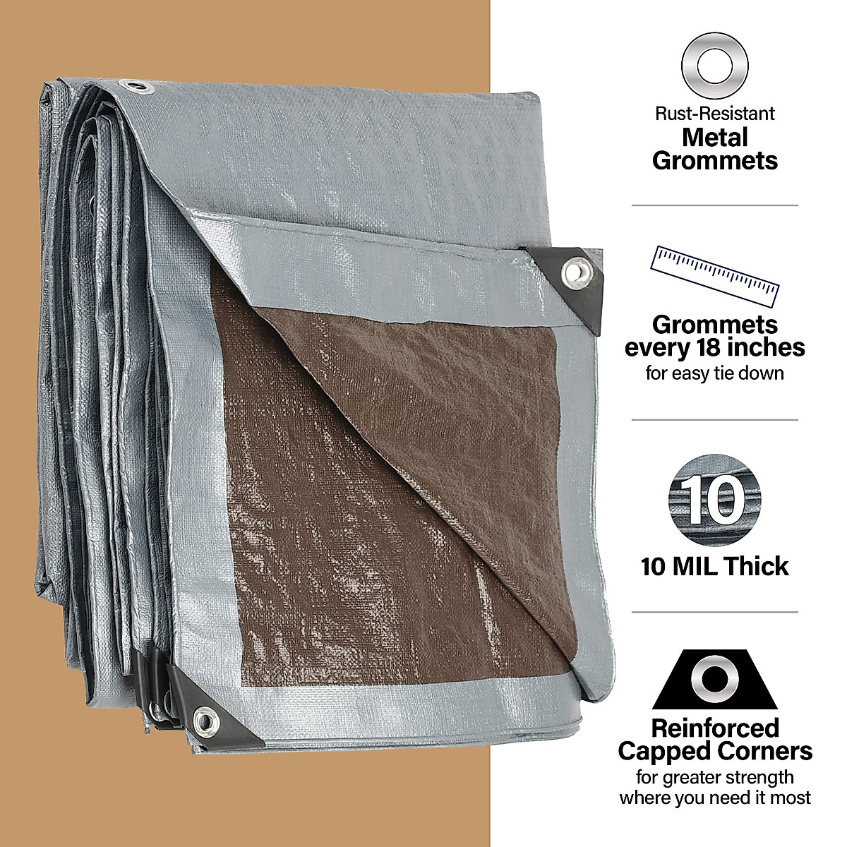 6x8 Heavy Duty Tarp, 10 Mil Thick, Waterproof, High Durability, Tear & Fade Resistant, UV Treated, Grommets Every 18 Inches (6' x '8' Feet)