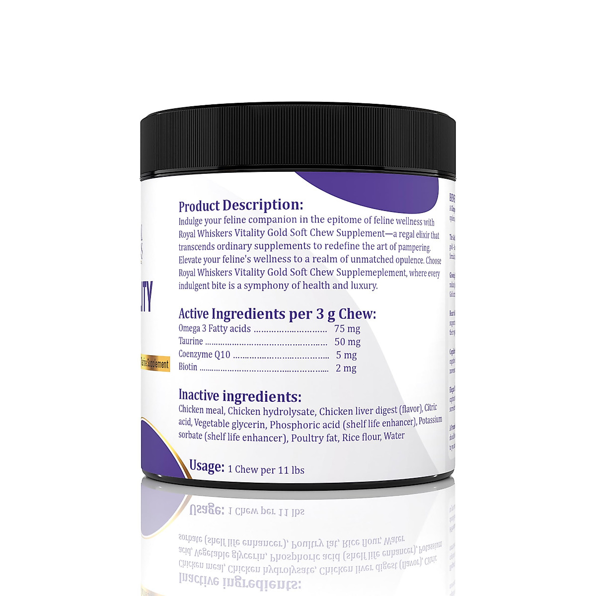 Royal Whiskers Vitality Gold: Feline Health Chews - Omega 3,Taurine,CoQ10, & Biotin Rich - Vet-Formulated for Cell,Heart,Brain, Vision Wellness - 90 (3g) Chews, Made in USA