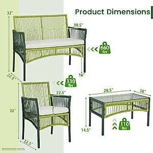 Tangkula 4 Pieces Outdoor Rattan Chair Set, Patiojoy Patio Wicker Conversation Set W/Soft Cushions, Tempered Glass Tabletop, Solid Metal Frame, for Backyard, Poolside, Balcony
