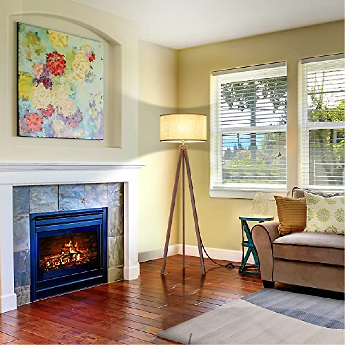 LEPOWER Wood Floor Lamp Tripod, Modern Design Mid Century Standing Lamps for Living Room,Bedroom and Office, Flaxen Lamp Shade with E26 Lamp Base