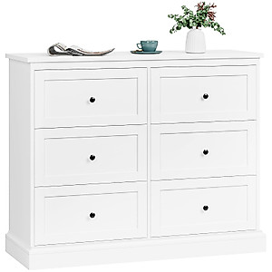 FOTOSOK White Dresser, 6 Drawer Dresser White, Modern Double Chest with Deep Drawers, Wide Storage Organizer Cabinet for Living Room Home