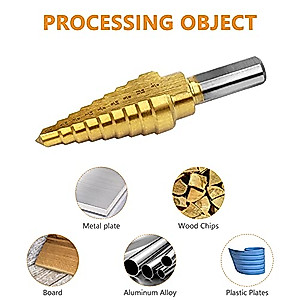 PRECIHW 9 Sizes Titanium Step Drill Bit, 1/4 to 3/4 Inches High Speed Steel Step Drill Bits for Hole Drilling, HSS Multi Size Step Drill Bits for Metal, Aluminium and Wood