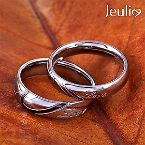 Jeulia Sterling Silver Band for Women Heart Shape Two Tone Angel Wing Fingerprint Inlay Rings Couples Wedding Engagement Promise Jewelry with Gifts Box (Heart2, 5)