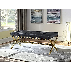 Iconic Home Claudio PU Leather Modern Contemporary Tufted Seating Goldtone Metal Leg Bench, Black