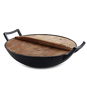 MegaChef 2 Piece 14 Inch Heavy Duty Cast Iron Wok with Wood Lid