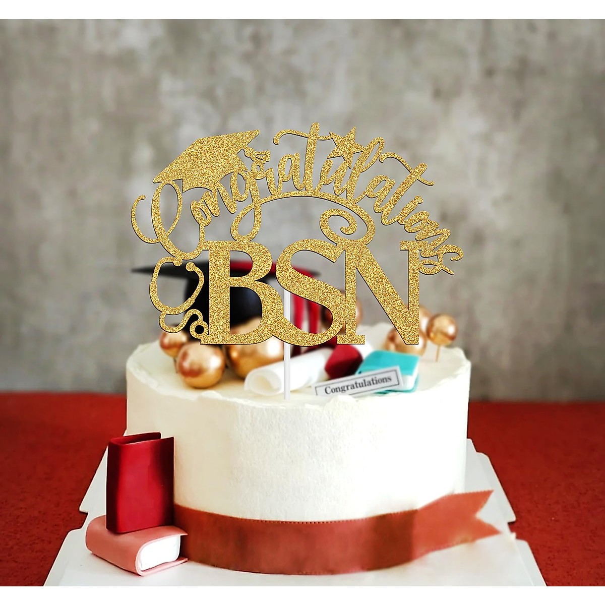 Ferburitar Congratulations BSN Cake Topper, Congrats Nurse/RN Cake Decor, 2025 Nursing School Grad Graduation Party Decorations Supplies, Gold Glitter